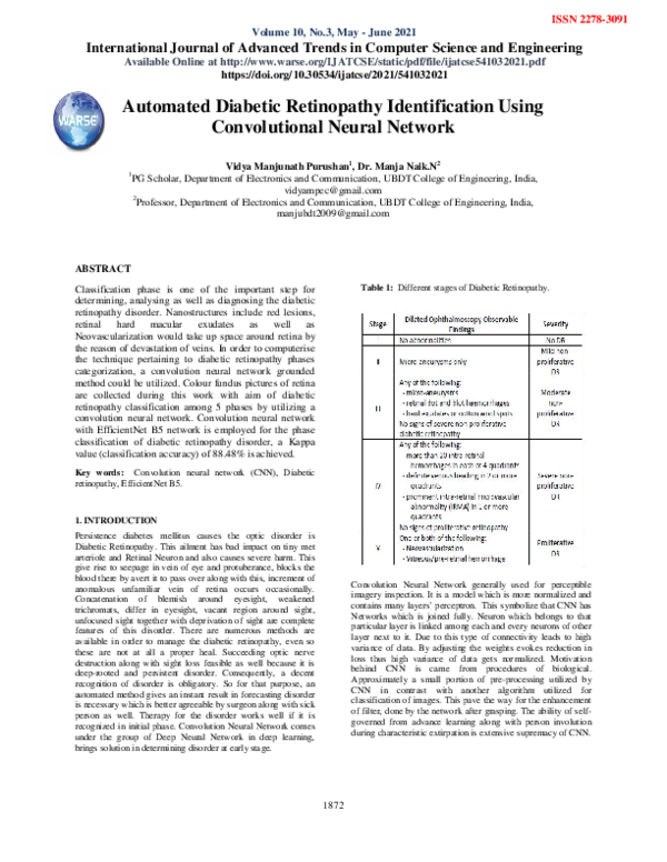 (PDF) Automated Diabetic Retinopathy Identification Using Convolutional Neural Network | WARSE ...
