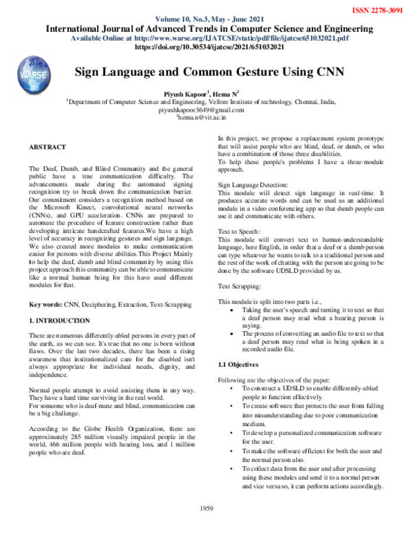 (PDF) Sign Language and Common Gesture Using CNN
