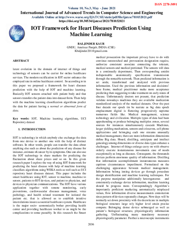 (PDF) IOT Framework for Heart Diseases Prediction Using Machine Learning