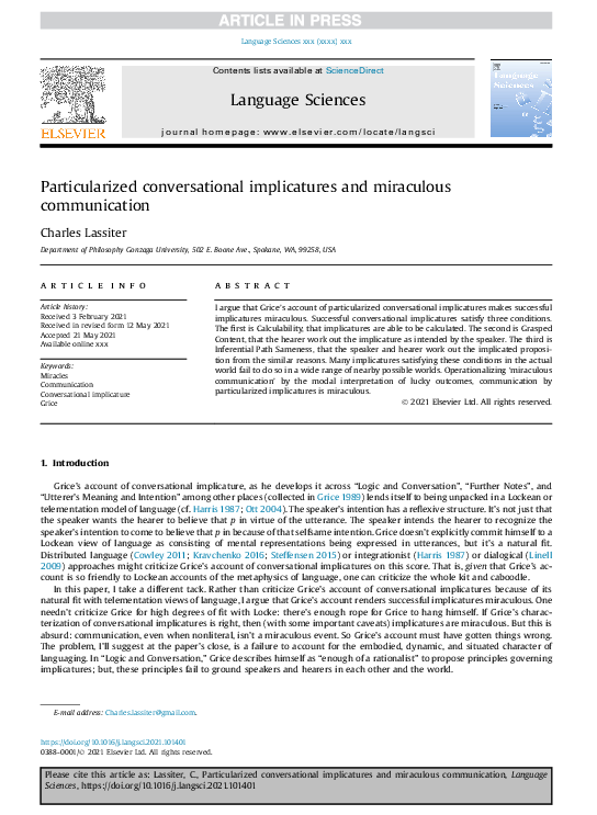 (PDF) Particularized conversational implicatures and miraculous communication