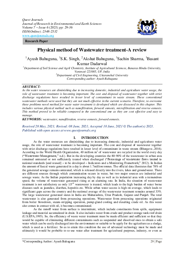 (PDF) Physical method of Wastewater treatment-A review
