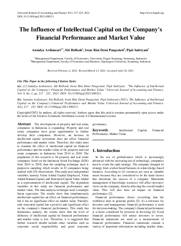 (PDF) The Influence of Intellectual Capital on the Company's Financial Performance and Market Value