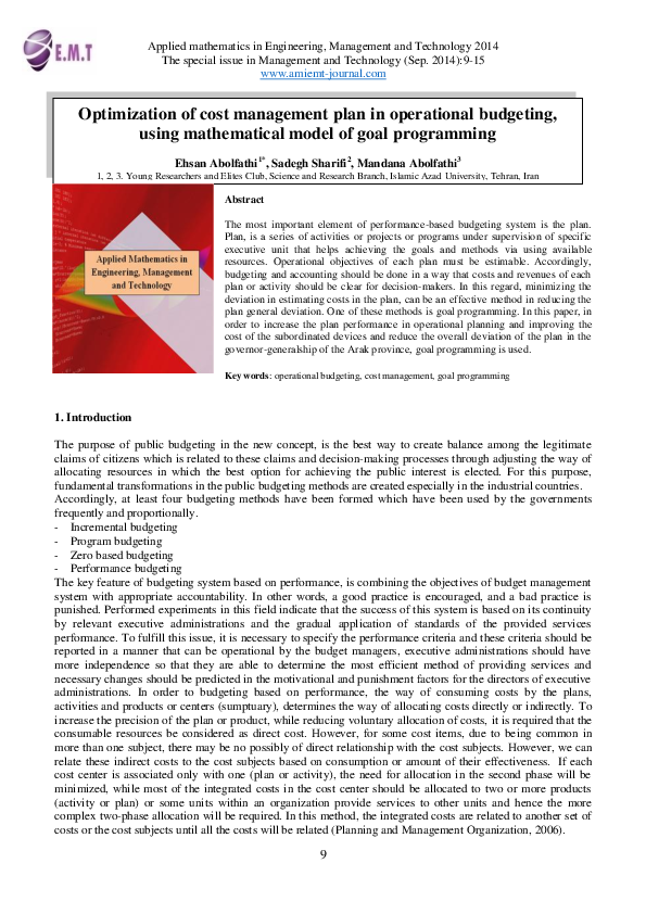 (PDF) Optimization of cost management plan in operational budgeting, using mathematical model of ...