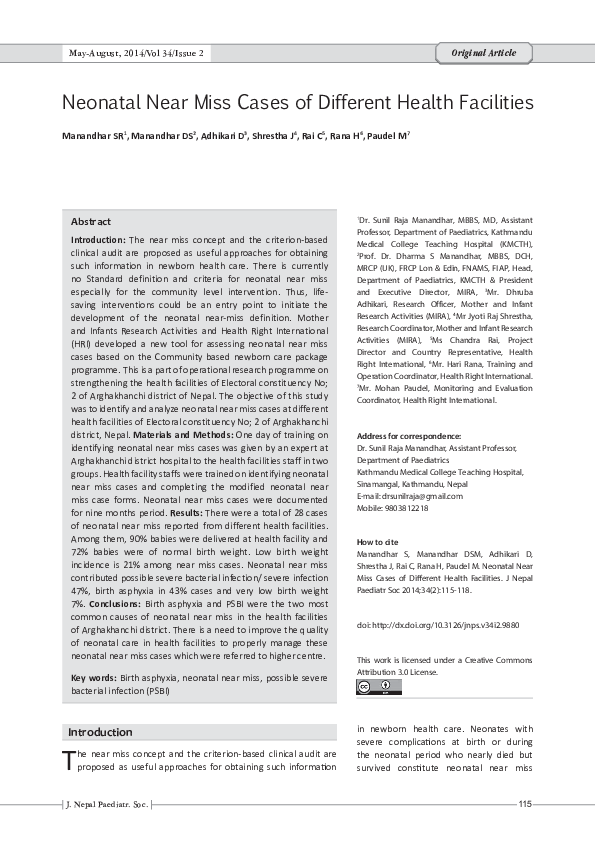 (PDF) Neonatal Near Miss Cases of Different Health Facilities