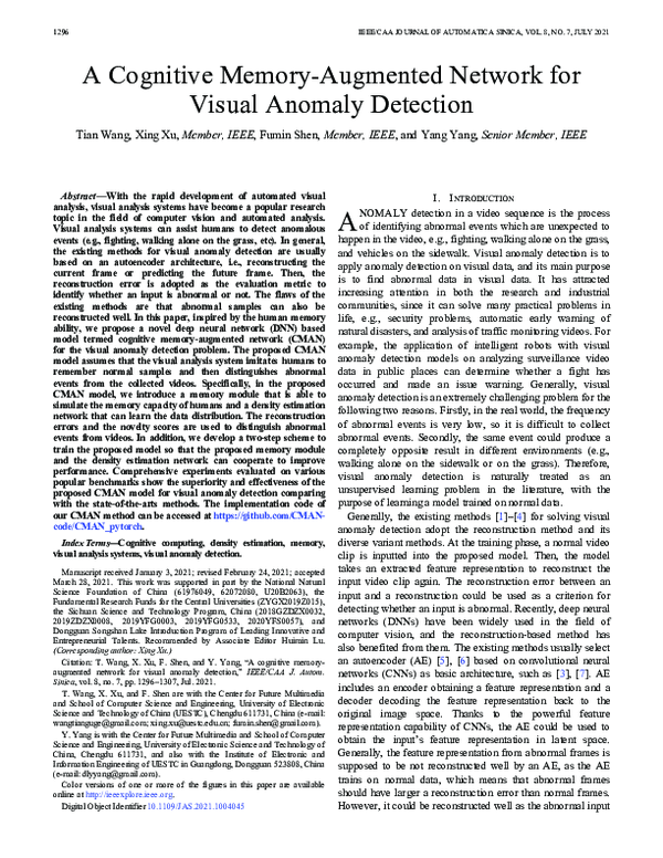 (PDF) A Cognitive Memory-Augmented Network for Visual Anomaly Detection