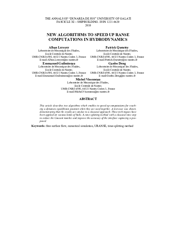 (PDF) New Algorithms to Speed Up Ranse Computations in Hydrodynamics