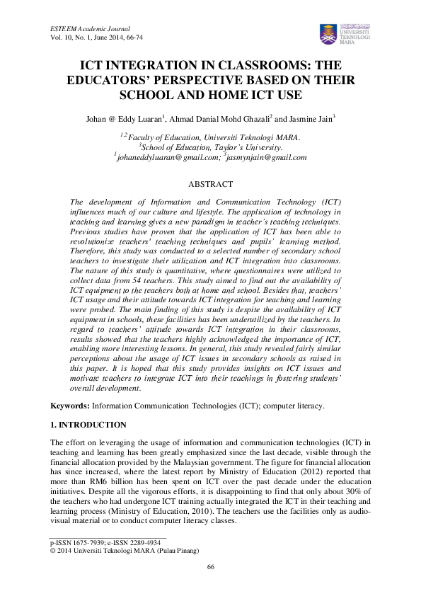 (PDF) Ict Integration in Classrooms: The Educators' Perspective Based ...