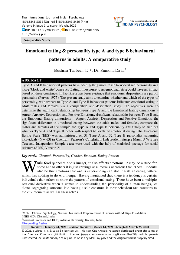 (PDF) Emotional Eating & Personality Type A and Type B Behavioural ...