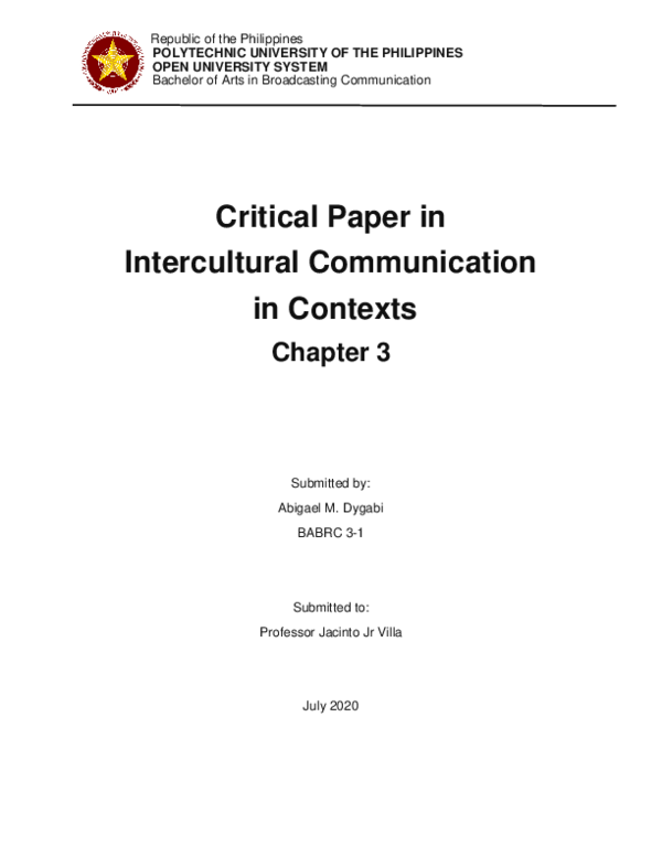 (PDF) A Critical Paper in Intercultural Communication in Context ... (PDF) A Critical Paper in Intercultural Communication in Context ...