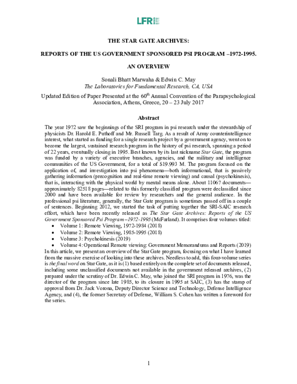 (PDF) THE STAR GATE ARCHIVES: REPORTS OF THE US GOVERNMENT SPONSORED ...