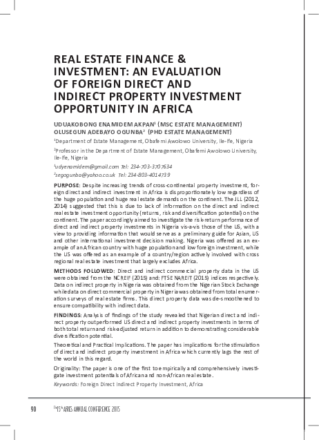 (PDF) Real Estate Finance Investment: An Evaluation of Foreign Direct ...
