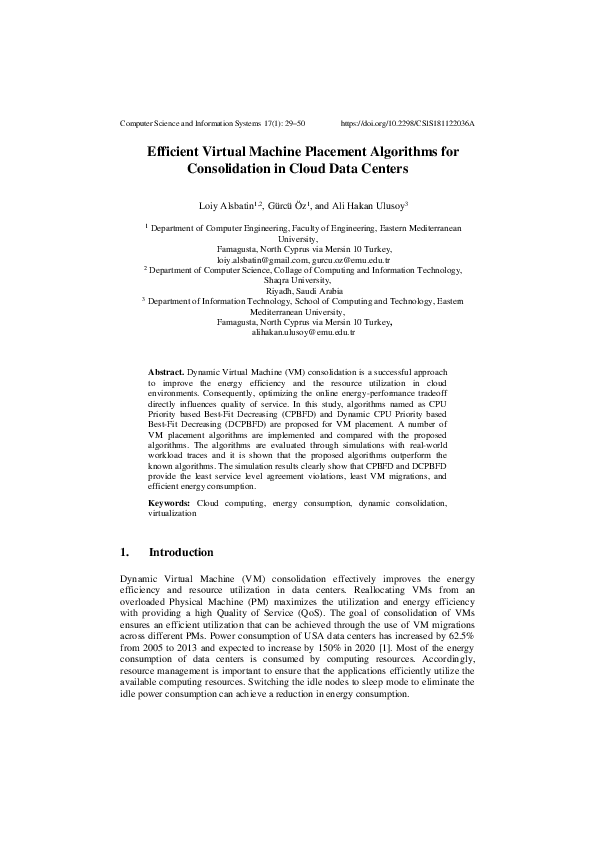 (PDF) Efficient virtual machine placement algorithms for consolidation in cloud data centers