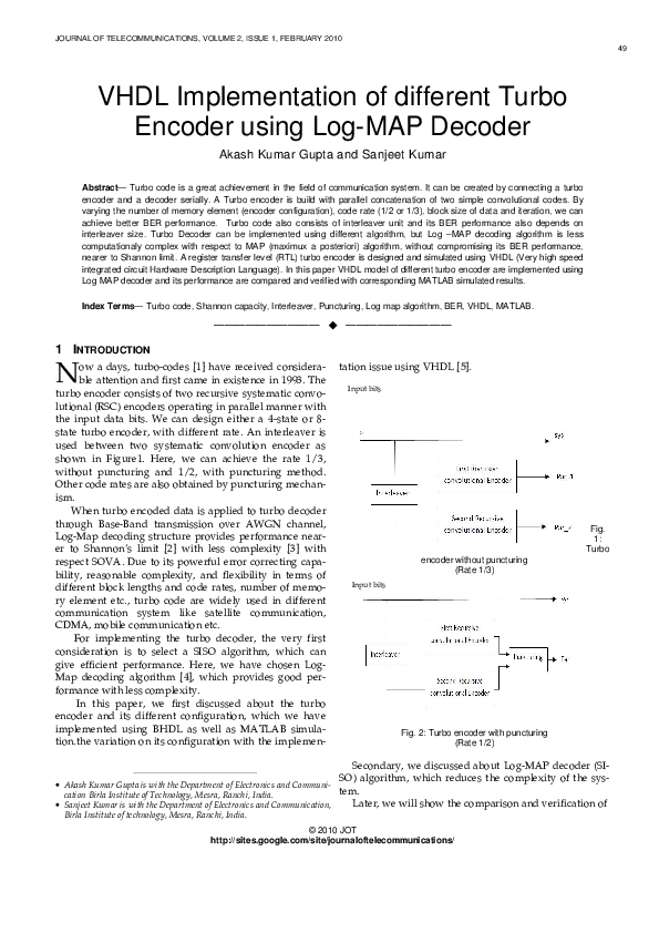 Pdf Vhdl Implementation Of Different Turbo Encoder Using Log Map Decoder 3270