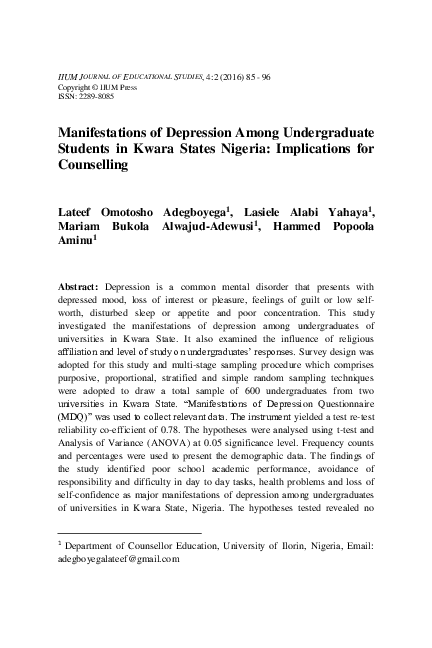 (PDF) Manifestation of Depression Among Undergraduate Students ...