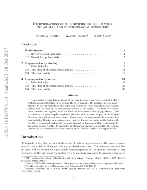 (PDF) Degenerations of the generic square matrix, the polar map and the determinantal structure