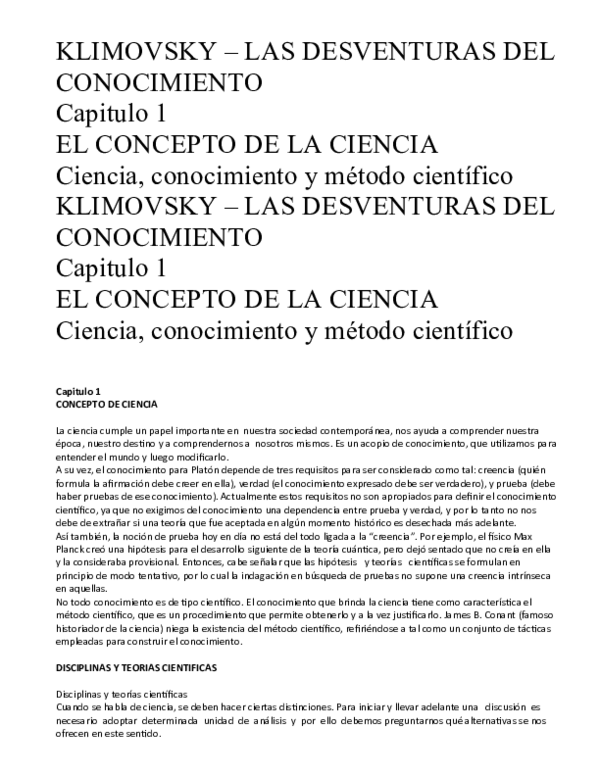 (DOC) KLIMOVSKY -LAS DESVENTURAS DEL CONOCIMIENTO Capitulo 1 EL CONCEPTO DE LA CIENCIA Ciencia ...