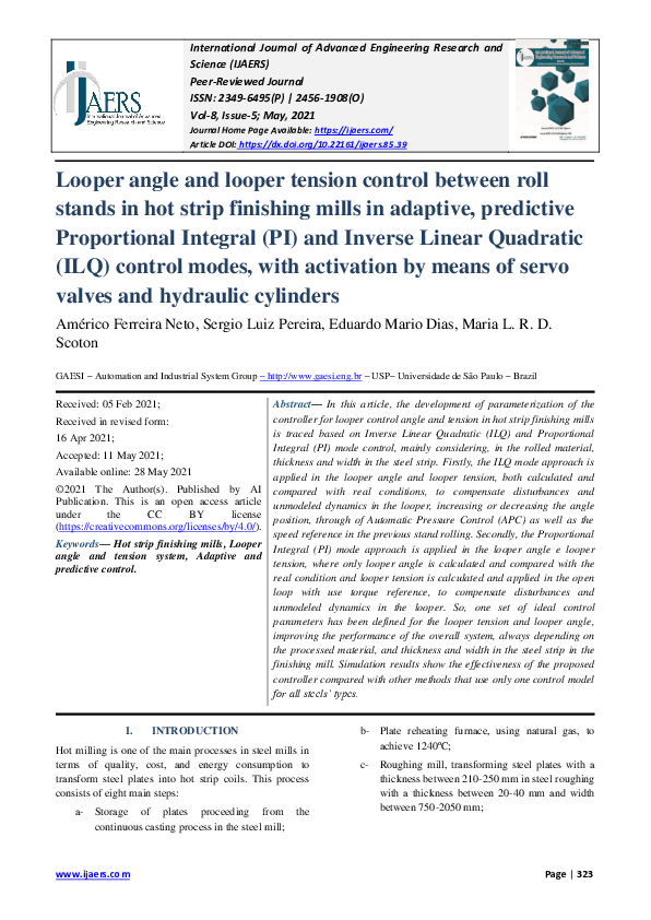 (PDF) Looper angle and looper tension control between roll stands in hot strip finishing mills ...