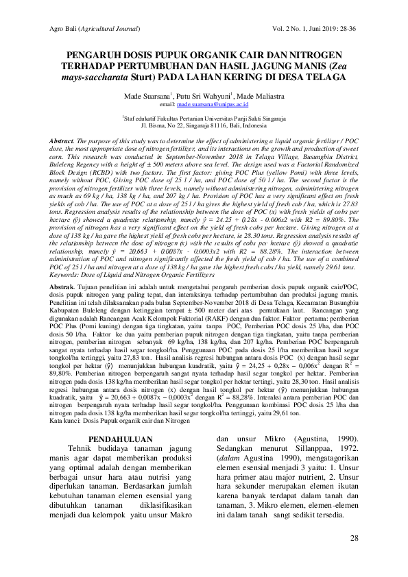 (PDF) PENGARUH DOSIS PUPUK ORGANIK CAIR DAN NITROGEN TERHADAP PERTUMBUHAN DAN HASIL JAGUNG MANIS ...