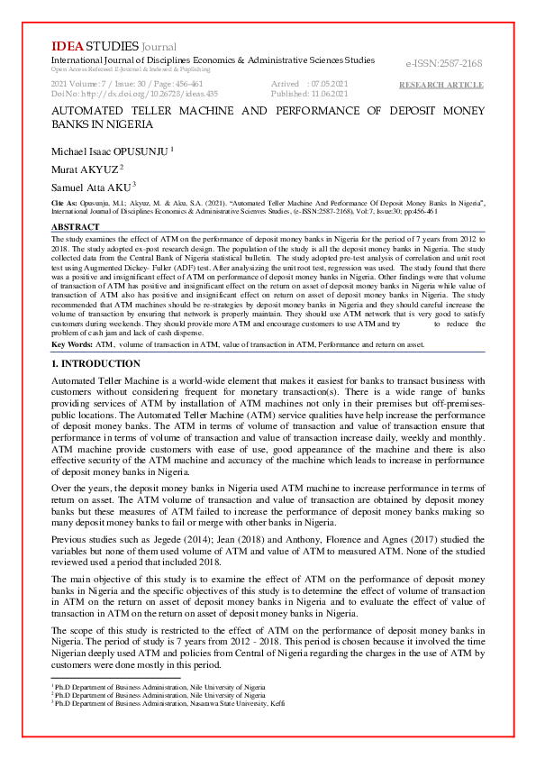(PDF) AUTOMATED TELLER MACHINE AND PERFORMANCE OF DEPOSIT MONEY BANKS IN NIGERIA