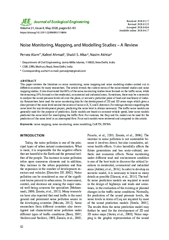 (PDF) Noise Monitoring, Mapping, and Modelling Studies – A Review