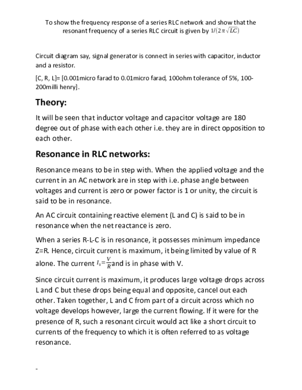 (DOC) To show the frequency response of a series RLC network and show ...