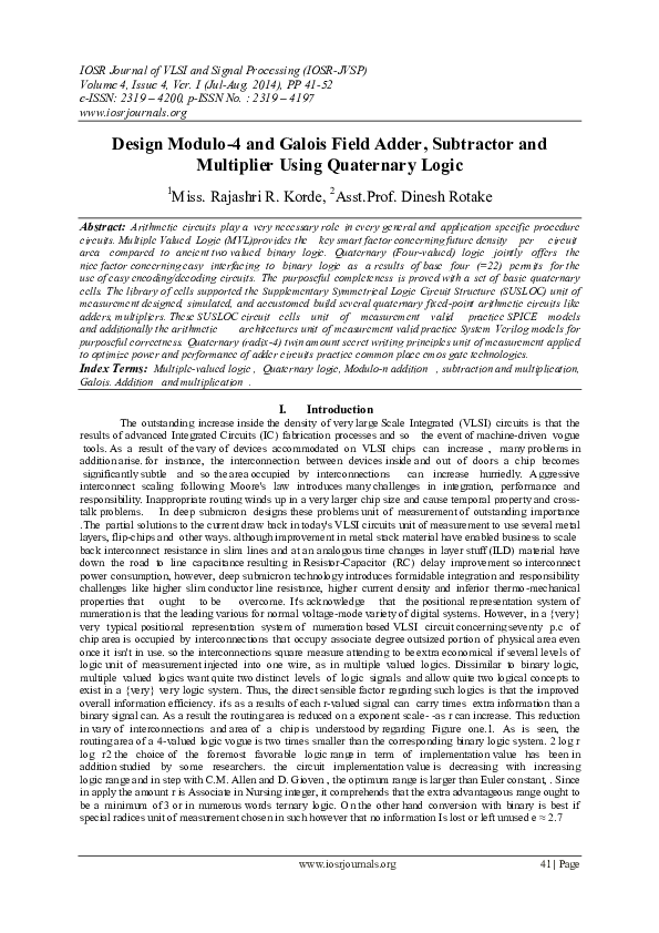 (PDF) Design Modulo-4 and Galois Field Adder, Subtractor and Multiplier ...