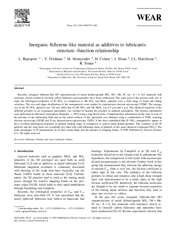 (PDF) Inorganic fullerene-like material as additives to lubricants: structure–function relationship