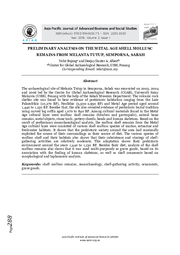 (PDF) Preliminary analysis on the metal age shell mollusc remains from ...