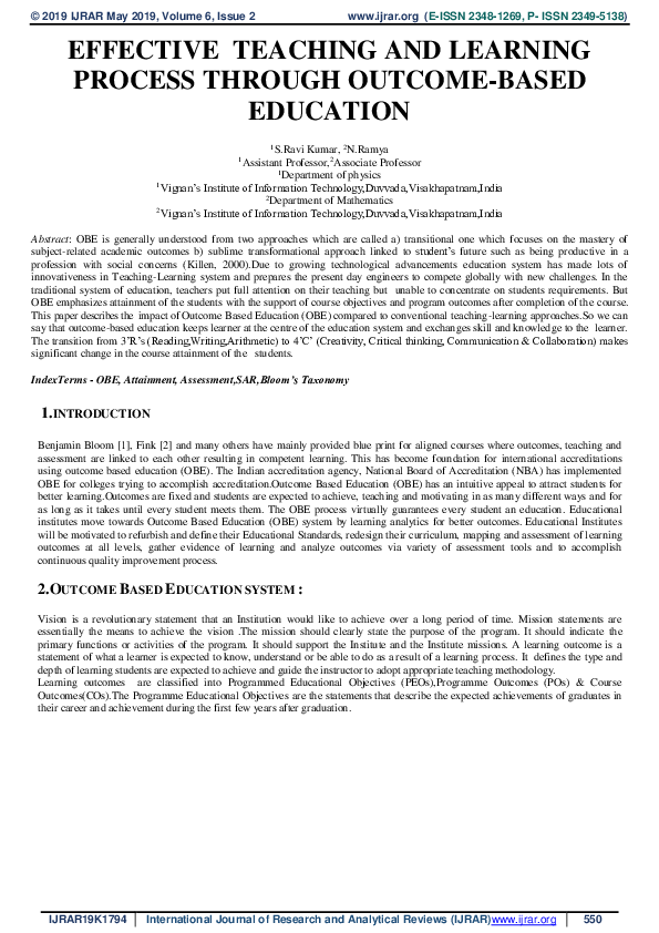 (PDF) EFFECTIVE TEACHING AND LEARNING PROCESS THROUGH OUTCOME-BASED ...