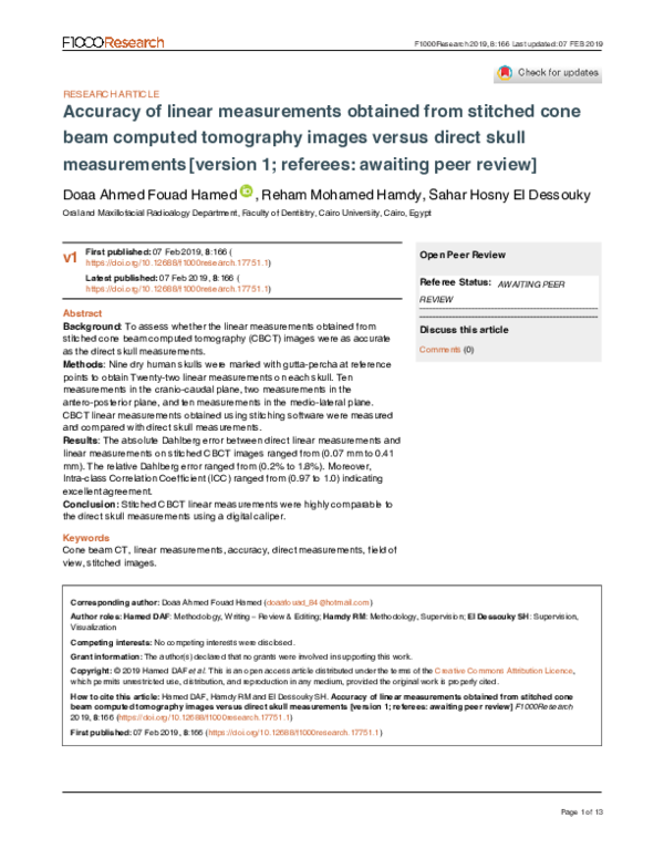 Pdf Accuracy Of Linear Measurements Obtained From Stitched Cone Beam Computed Tomography