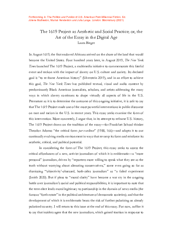 (PDF) The 1619 Project as Social and Aesthetic Practice; or, the Art of ...