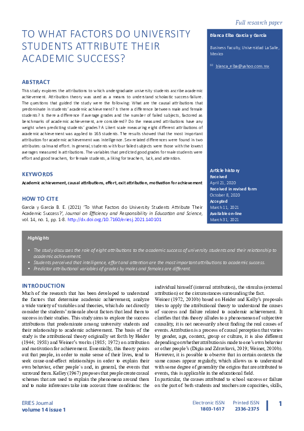 (PDF) TO WHAT FACTORS DO UNIVERSITY STUDENTS ATTRIBUTE THEIR ACADEMIC ...