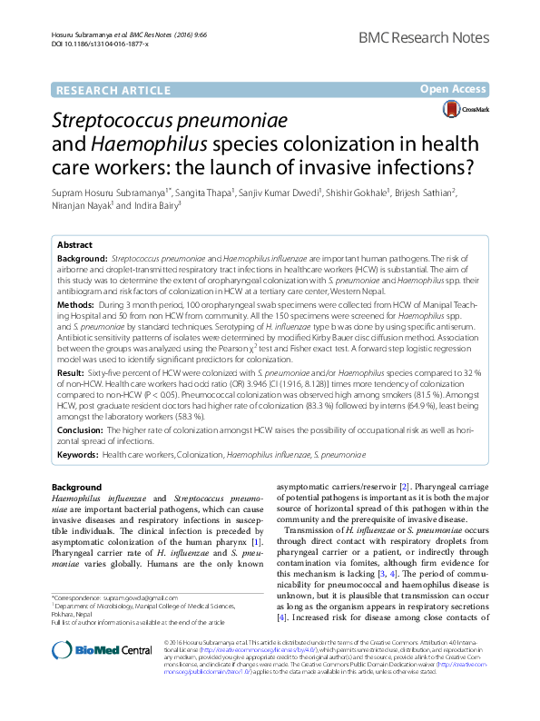 (PDF) Streptococcus pneumoniae and Haemophilus species colonization in ...