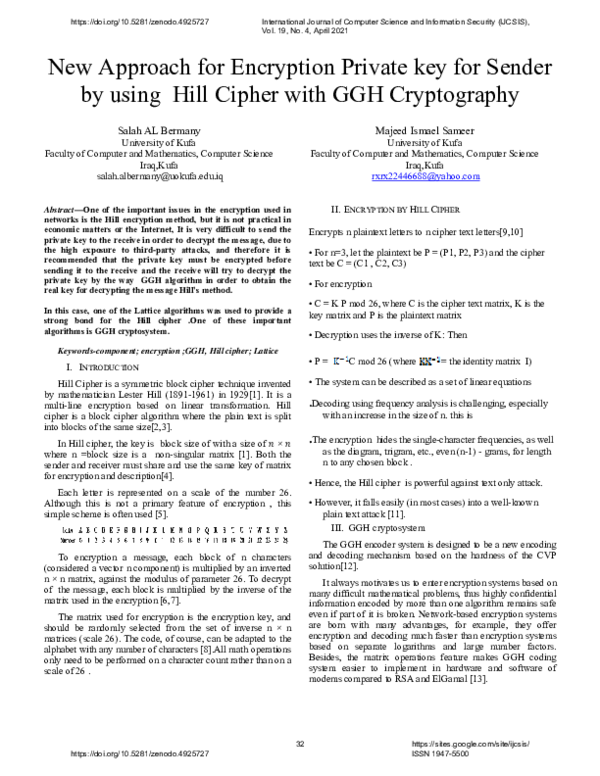 (PDF) New Approach for Encryption Private key for Sender by using Hill Cipher with GGH Cryptography