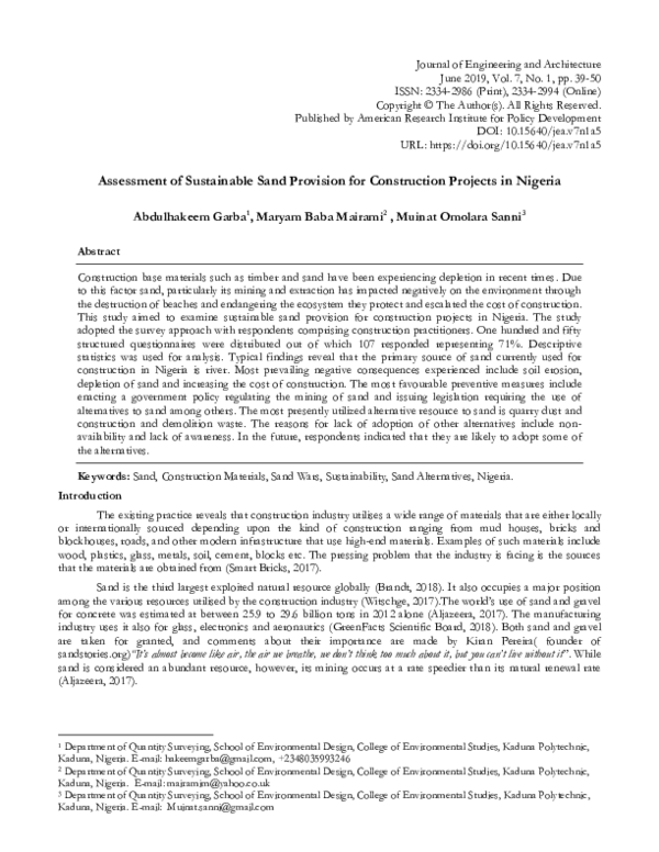 (PDF) Assessment of Sustainable Sand Provision for Construction ...