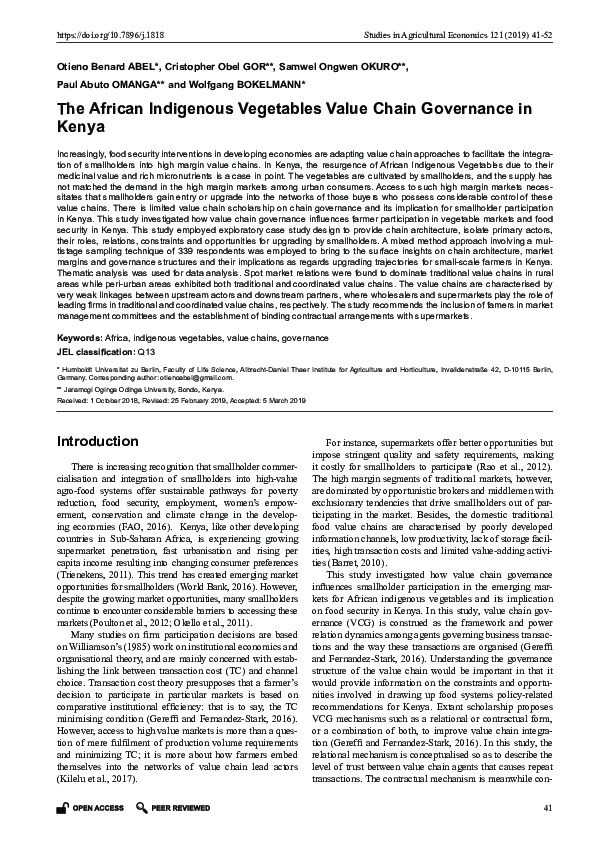 (PDF) The African Indigenous Vegetables Value Chain Governance in Kenya