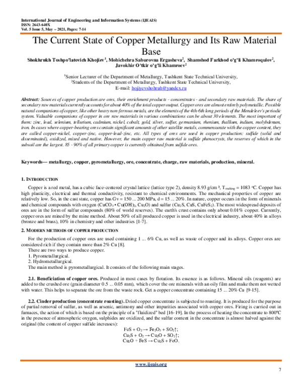 (PDF) The Current State of Copper Metallurgy and Its Raw Material Base
