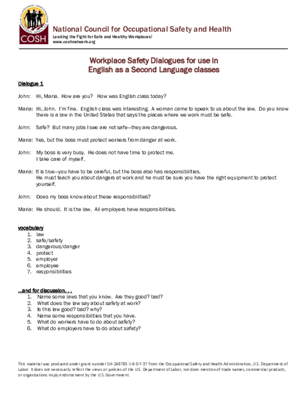 (PDF) ESL Safety Dialogues ENGLISH