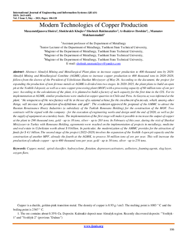 (PDF) Modern Technologies of Copper Production