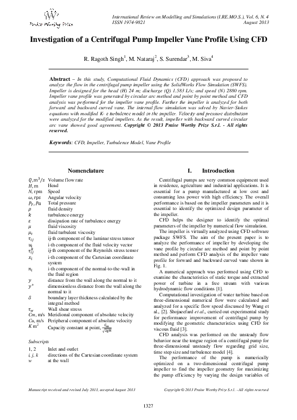 Pdf Investigation Of A Centrifugal Pump Impeller Vane Profile Using Cfd
