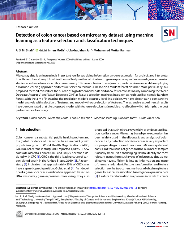 (PDF) Detection of colon cancer based on microarray dataset using machine learning as a feature ...