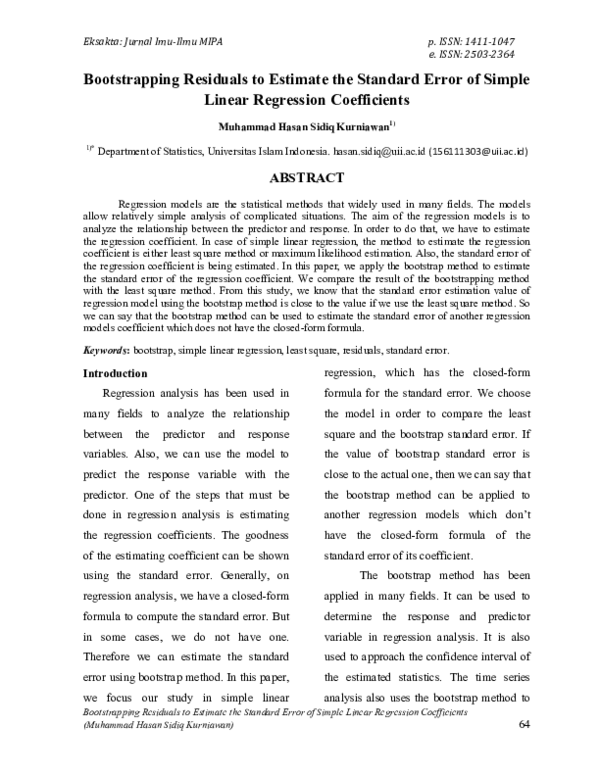 (PDF) Bootstrapping Residuals to Estimate the Standard Error of Simple Linear Regression ...