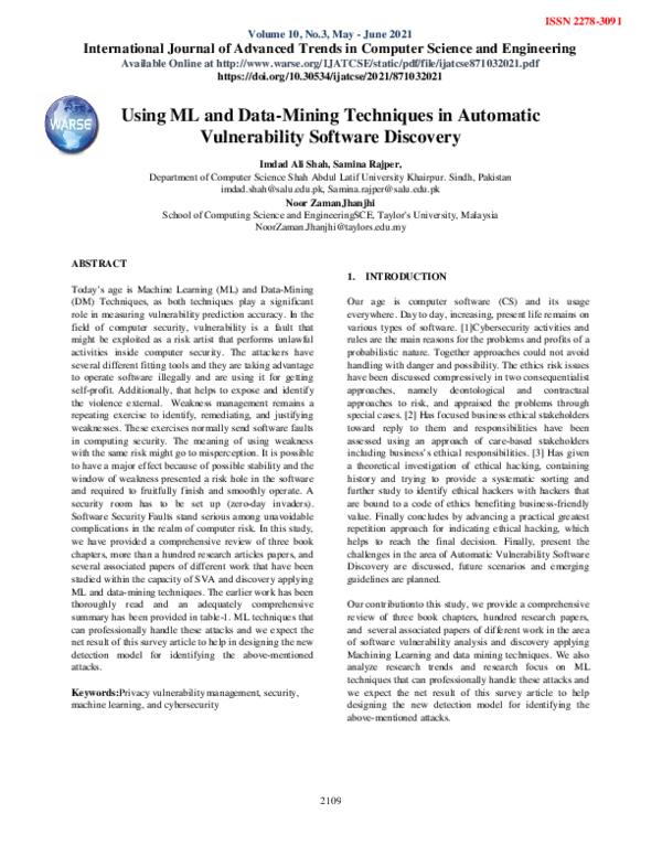 Pdf Using Ml And Data Mining Techniques In Automatic Vulnerability Software Discovery