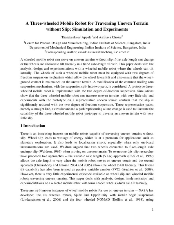 Pdf A Three Wheeled Mobile Robot For Traversing Uneven Terrain Without Slip Simulation And