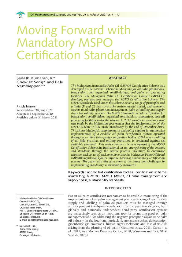 (PDF) Moving foward with mandatory MSPO certification standards