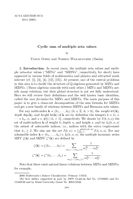 (PDF) Cyclic sum of multiple zeta values