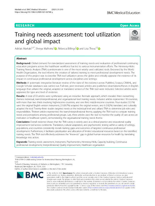(PDF) Training needs assessment: tool utilization and global impact