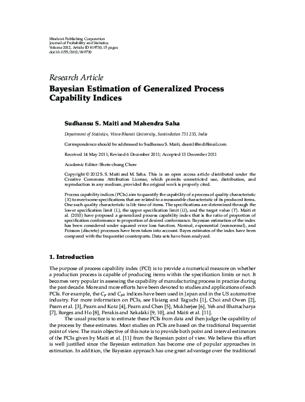 Pdf Bayesian Estimation Of Generalized Process Capability Indices