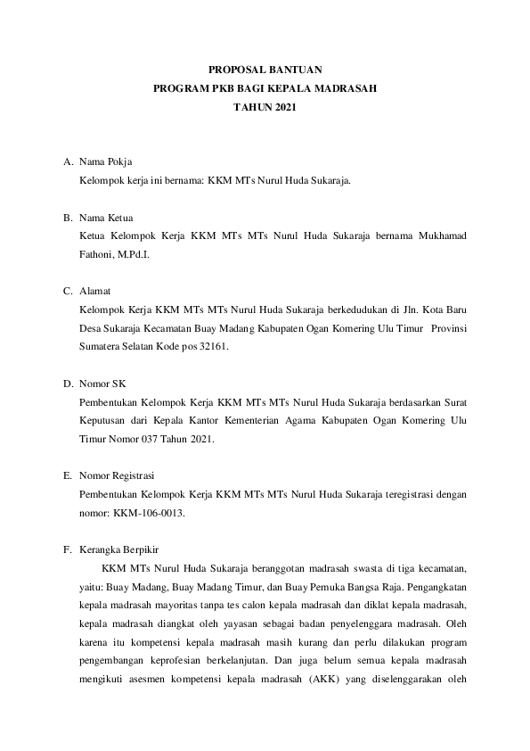 (PDF) Proposal Pokja KKM MTs Nurul Huda Sukaraja