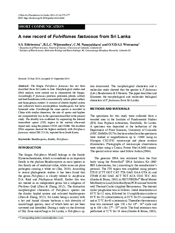 (PDF) SHORT COMMUNICATION A new record of Fulvifomes fastuosus from Sri ...